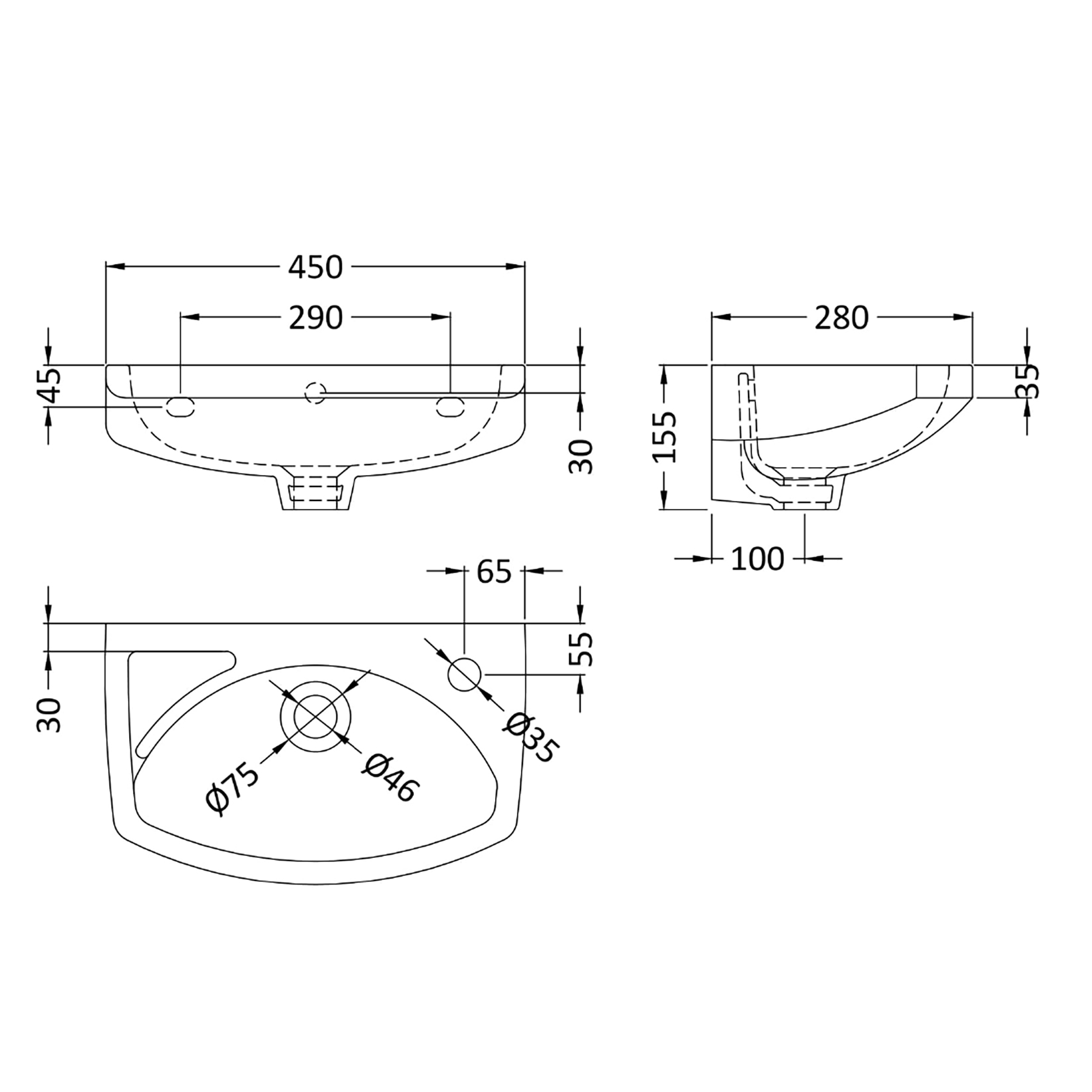 Round 450mm Bathroom Wall Hung Basin One Piece 1 T/H - Melbourne ...