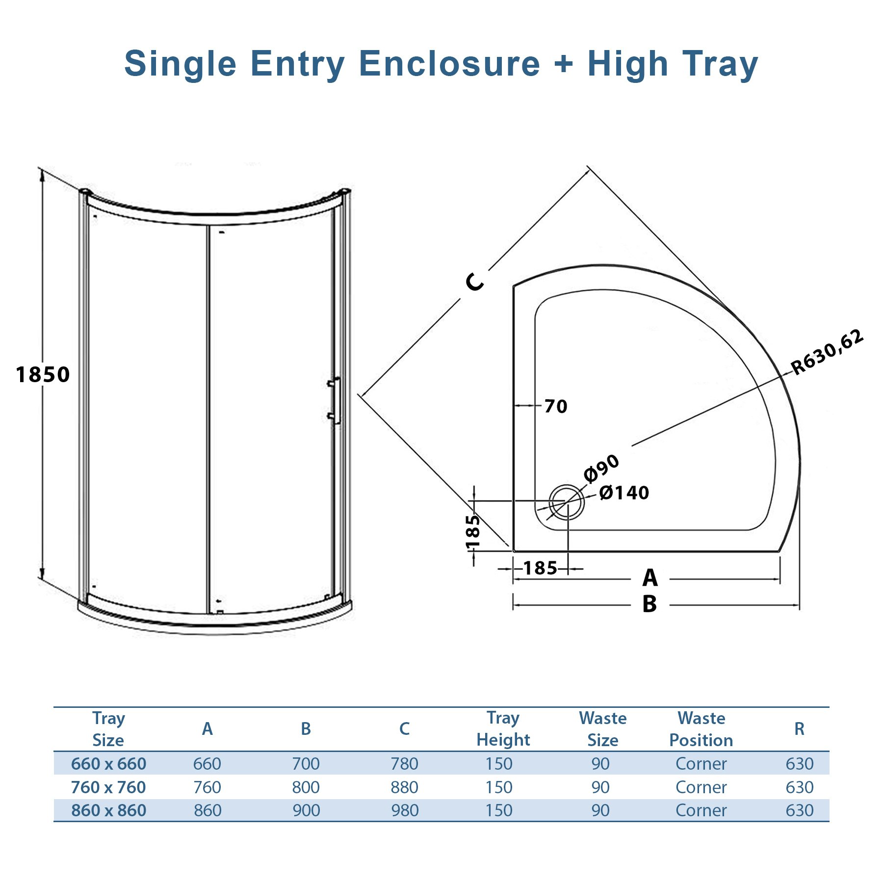 Bow 6mm Single Door Quadrant Shower Enclosure + High Tray - Various ...