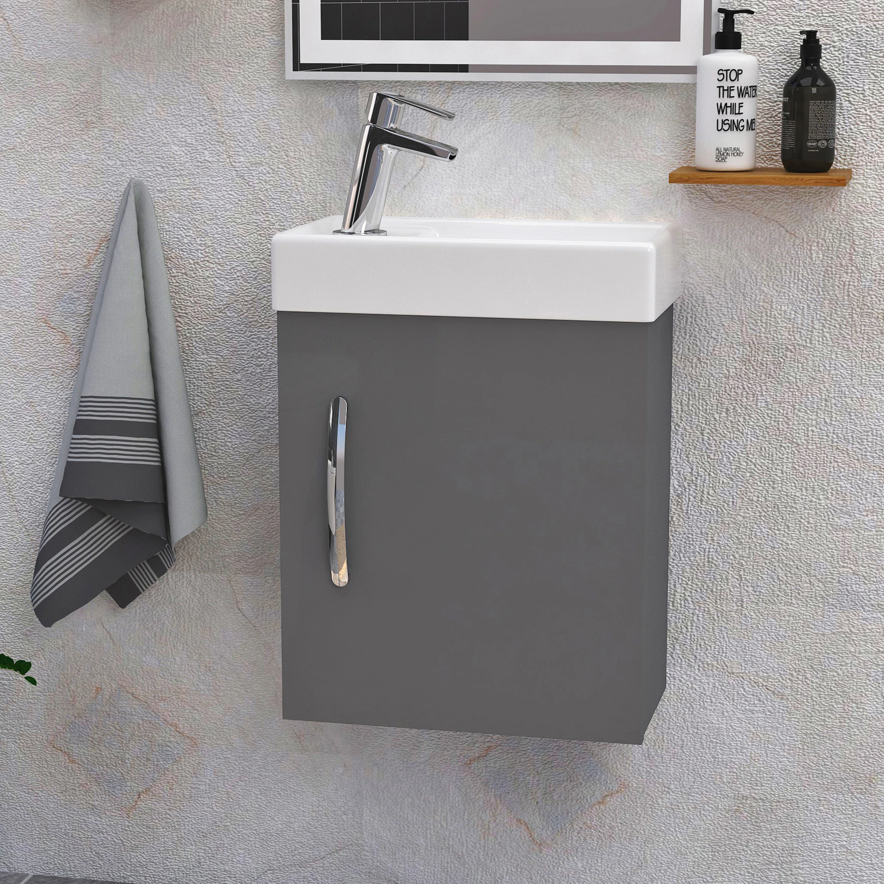 Cloakroom Suite 400mm Indigo Grey Gloss 1 Door Wall Hung Vanity Unit ...