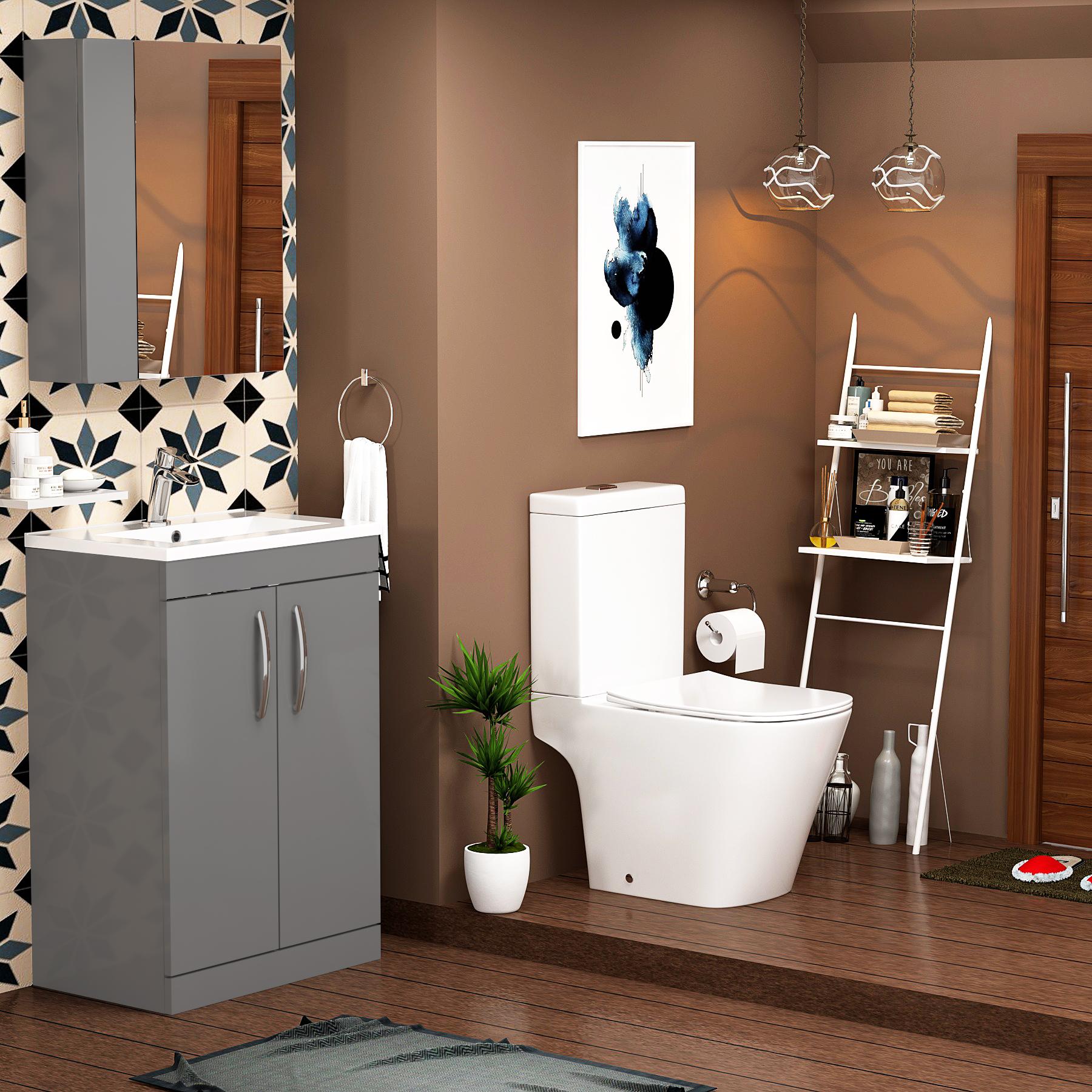 Cloakroom Suite 600mm Indigo Grey Gloss 2 Door Floor Standing Vanity ...