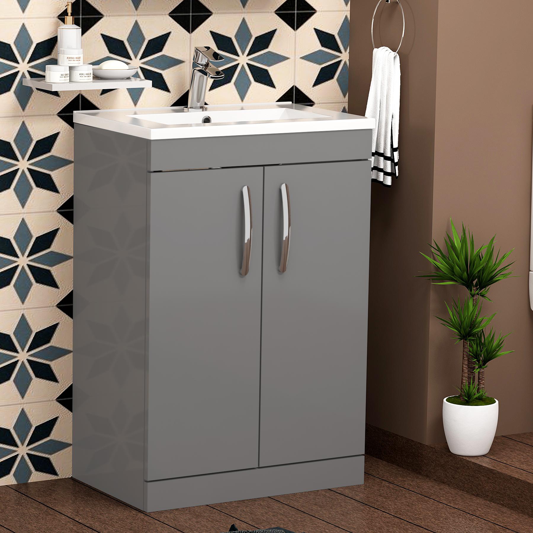 Cloakroom Suite 600mm Indigo Grey Gloss 2 Door Floor Standing Vanity ...